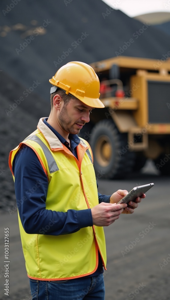 Mining Operations Manager Oversees coal loading processes using a tablet at an open-pit mine ...