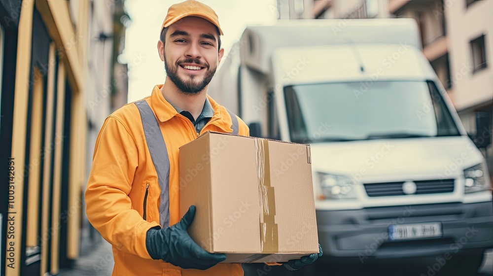 Young delivery man in a bright uniform with a cardboard parcel box in ...