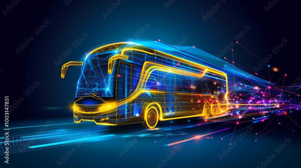 Digital golden high-speed bus in low poly wireframe, the future of ...