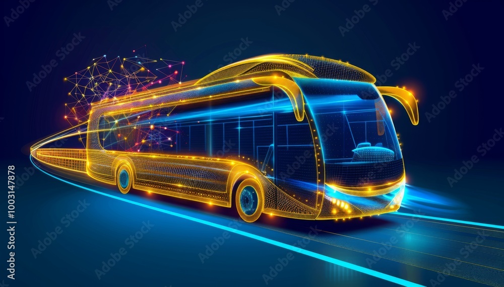 Digital golden high-speed bus in low poly wireframe, the future of ...