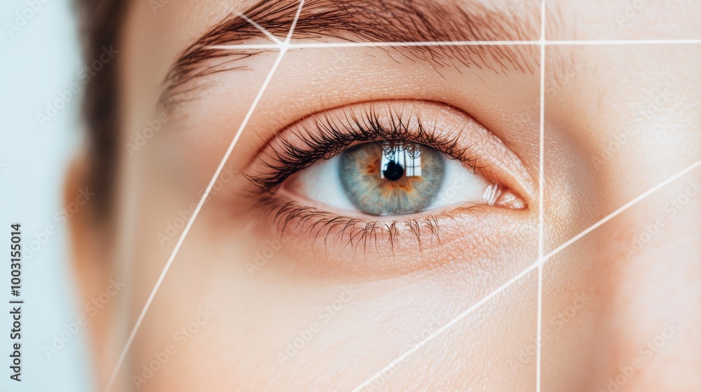 A close-up of a face with symmetry lines marking key facial features ...