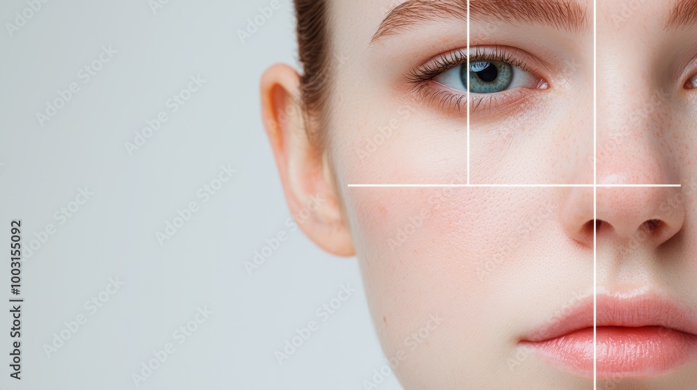 A close-up of a face with symmetry lines marking key facial features ...