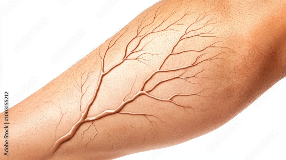 A close-up of a leg showing the early stages of varicose veins, with ...