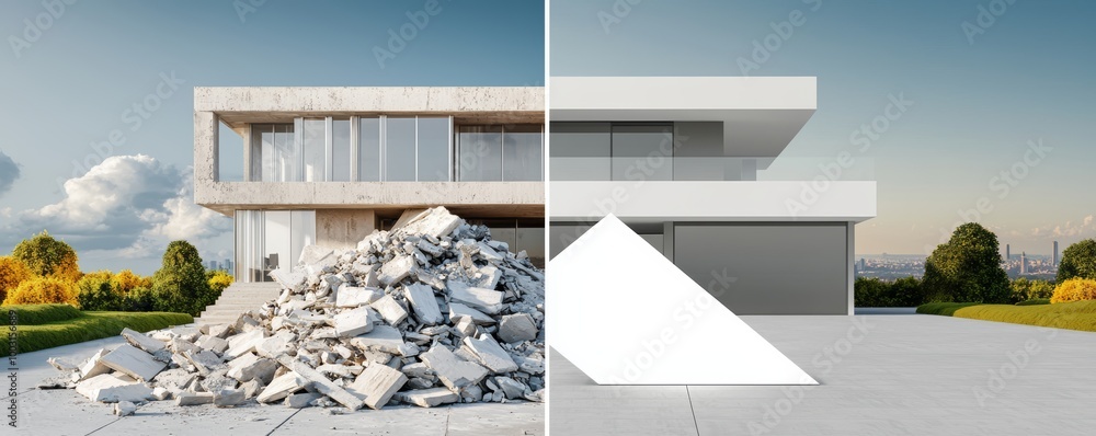 A crumbling suburban house with faded walls before renovation, next to ...