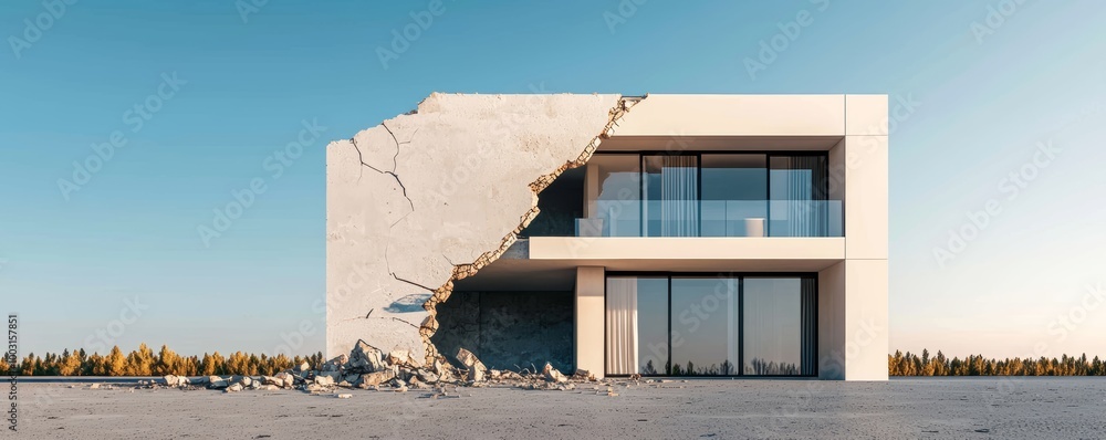 A dilapidated home with cracked walls and a broken roof, shown next to ...