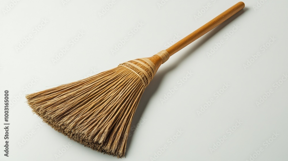 Classic straw broom with wooden handle on a clean surface ready for ...