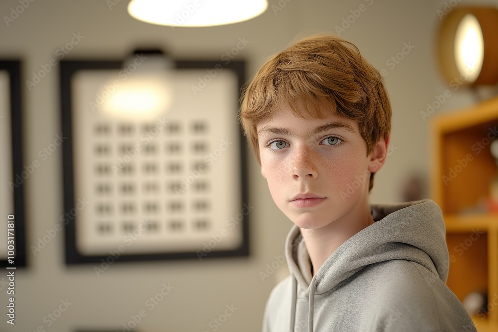 A young boy undergoes a visual acuity test at an eye clinic, focusing ...