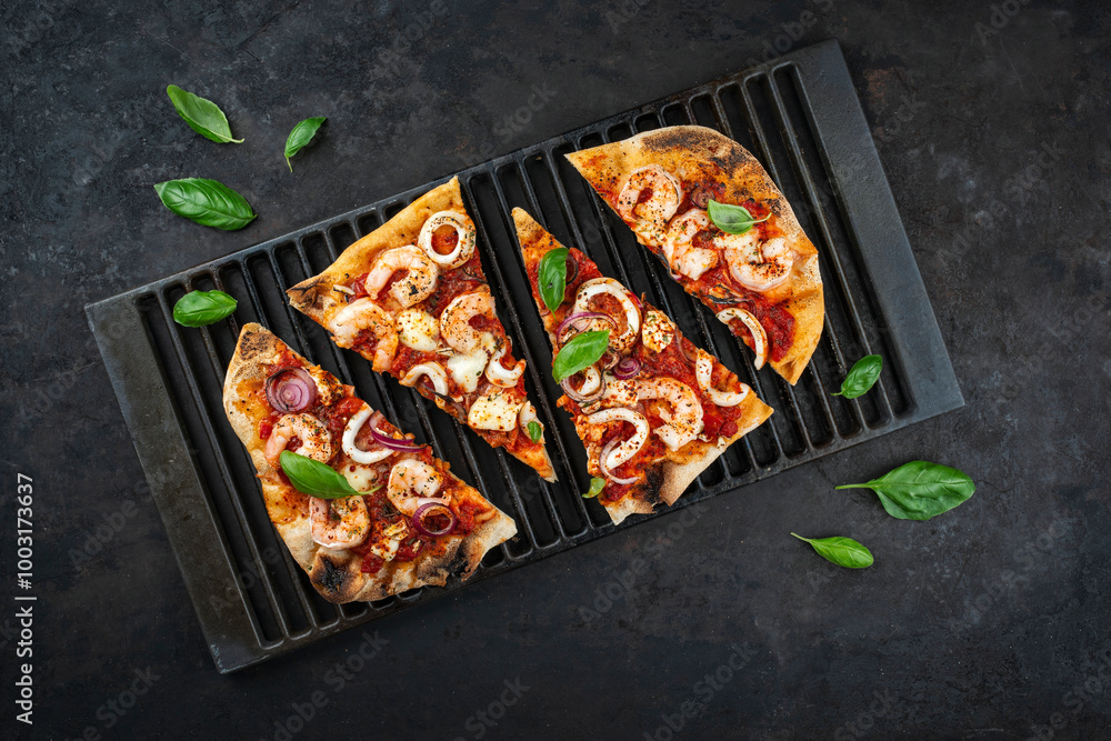 Traditional Italian pinsa bread prosciutto e salsa di pomodoro sliced ...