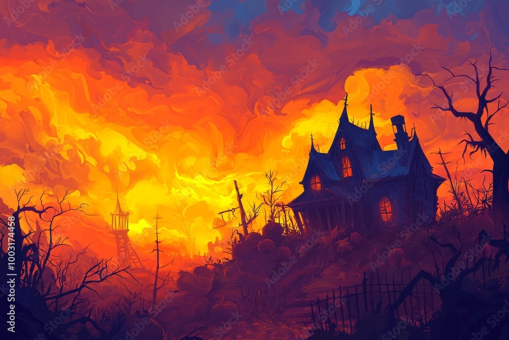 Scene from Halloween Horror Movie with Haunted Castle and Pumpkins ...