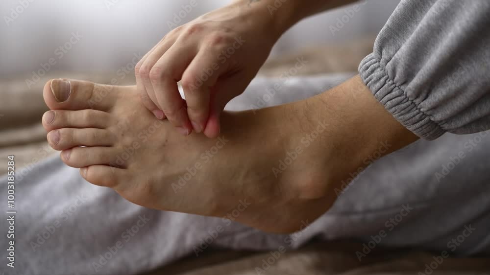 Itchy feet. Fungal infection on the legs. Sore legs. A man scratches ...