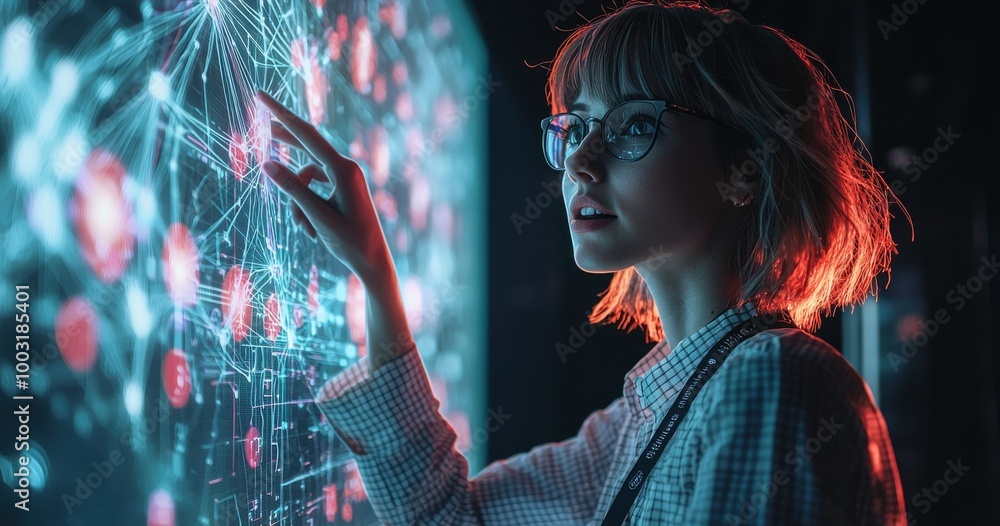 Female hologram professor presenting futuristic digital interface with ...