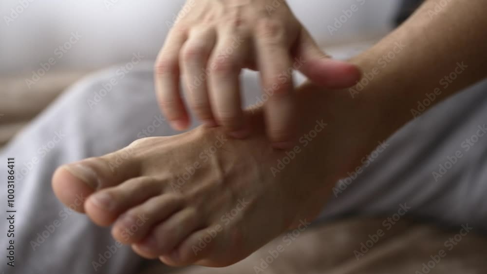 A man scratches his leg with his hands. Itching on the legs. Skin ...