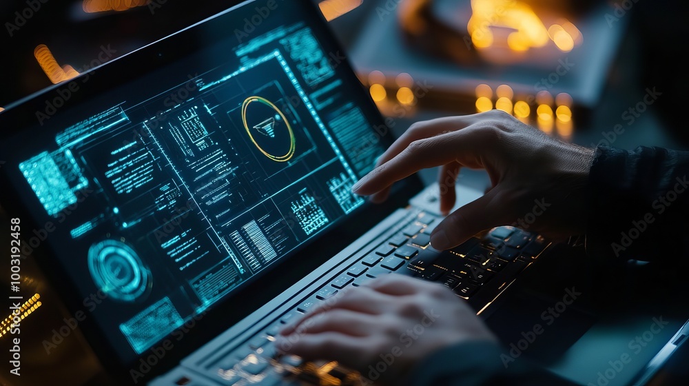 A user engages with a virtual cybersecurity interface projected over a ...
