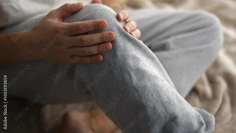 A man holds on to his sore leg. Leg pain after injury. Bruised leg ...