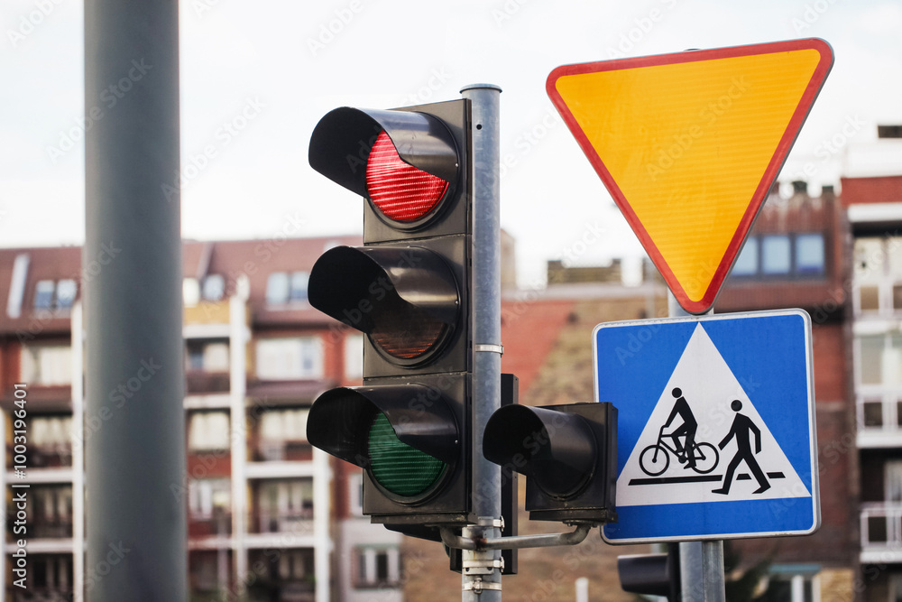 Red traffic light signal. Give way traffic sign. Smart traffic light ...