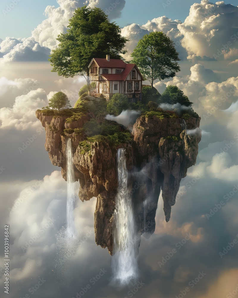 Surreal floating island with a cottage and cascading waterfalls ...