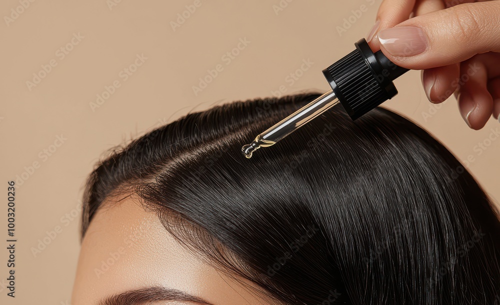 Woman applying hair growth serum to her scalp using a dropper for ...