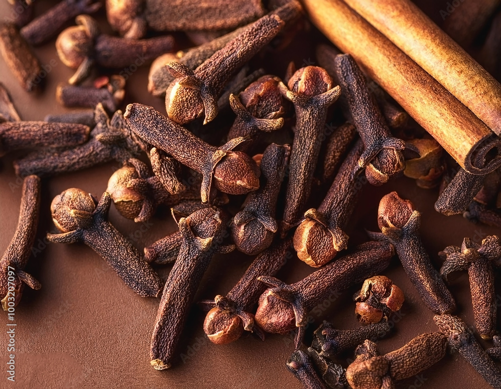Cloves and cinnamon are spread on a brown background Stock Photo ...