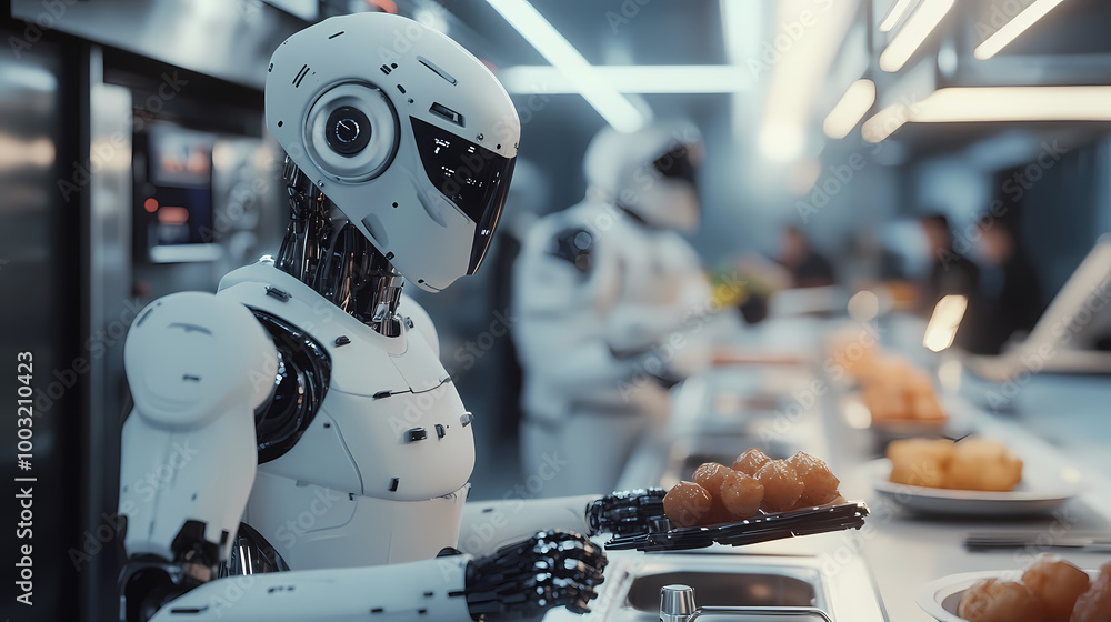 3d rendering of a humanoid robot chef preparing dishes in a restaurant ...