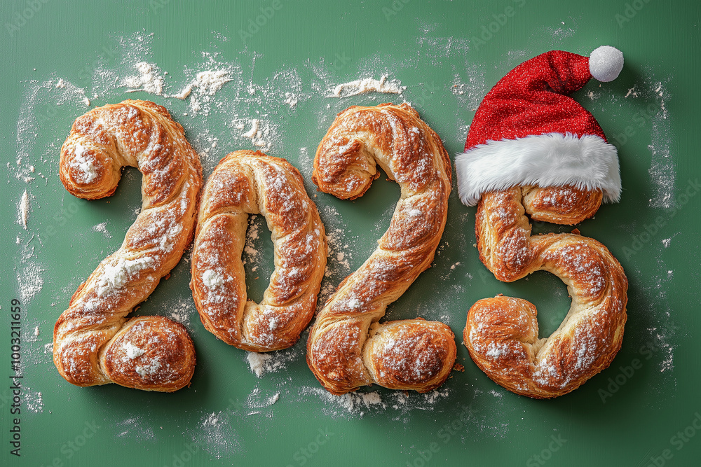 Baking in the form of numbers 2025, santaclaus cap on top of the ...