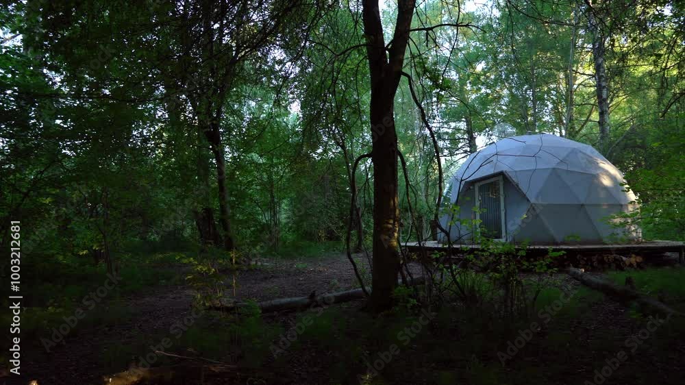 Glamping Domes in campsite in forest. Geodesic Dome House. Glamping ...