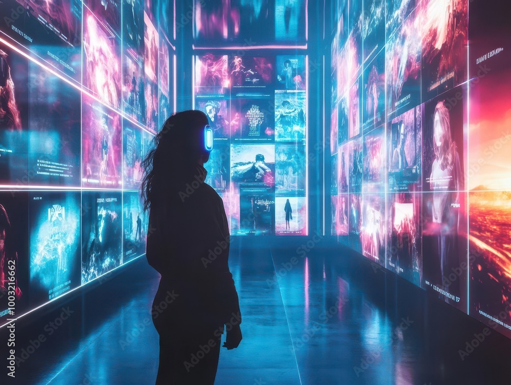 futuristic streaming interface with holographic movie posters floating ...