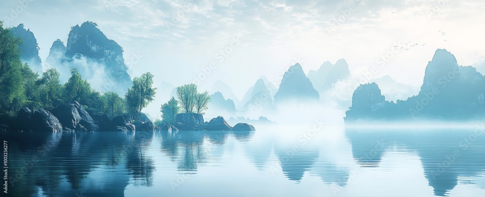 Vintage Chinese landscape drawing of lake with trees and fog design for ...