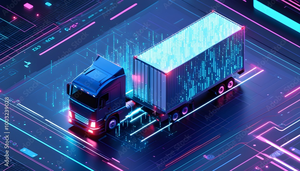 Isometric truck delivering binary code, symbolizing modern e-commerce ...