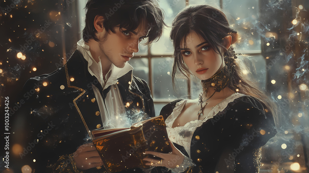 Beautiful fantasy couple, drawing, digital processing, magic, victorian ...