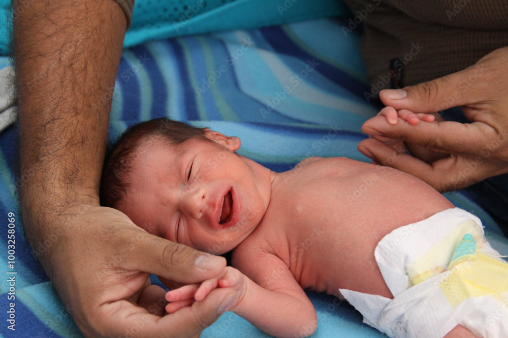 Newborn premature baby in diapers holding his father's hands. Little ...