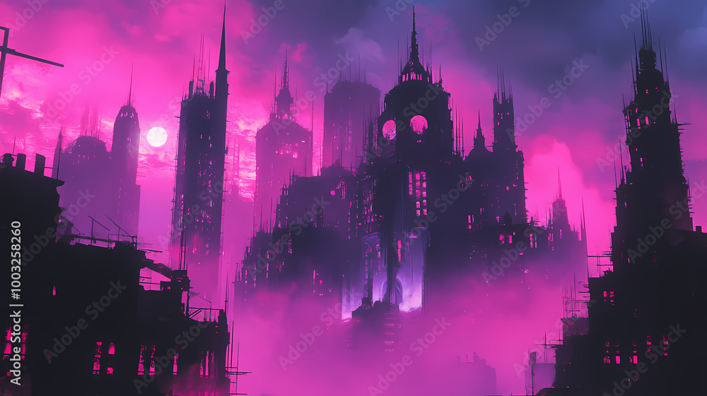 Gothic cyberpunk lo-fi dystopia city and castle. dark goth post ...