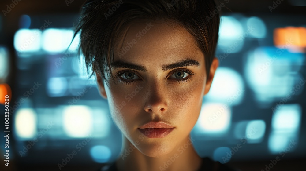 A close-up of a serious woman with short hair, her face illuminated by ...