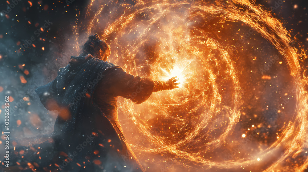 Powerful wizard, glowing with magical energy, unleashes a devastating ...