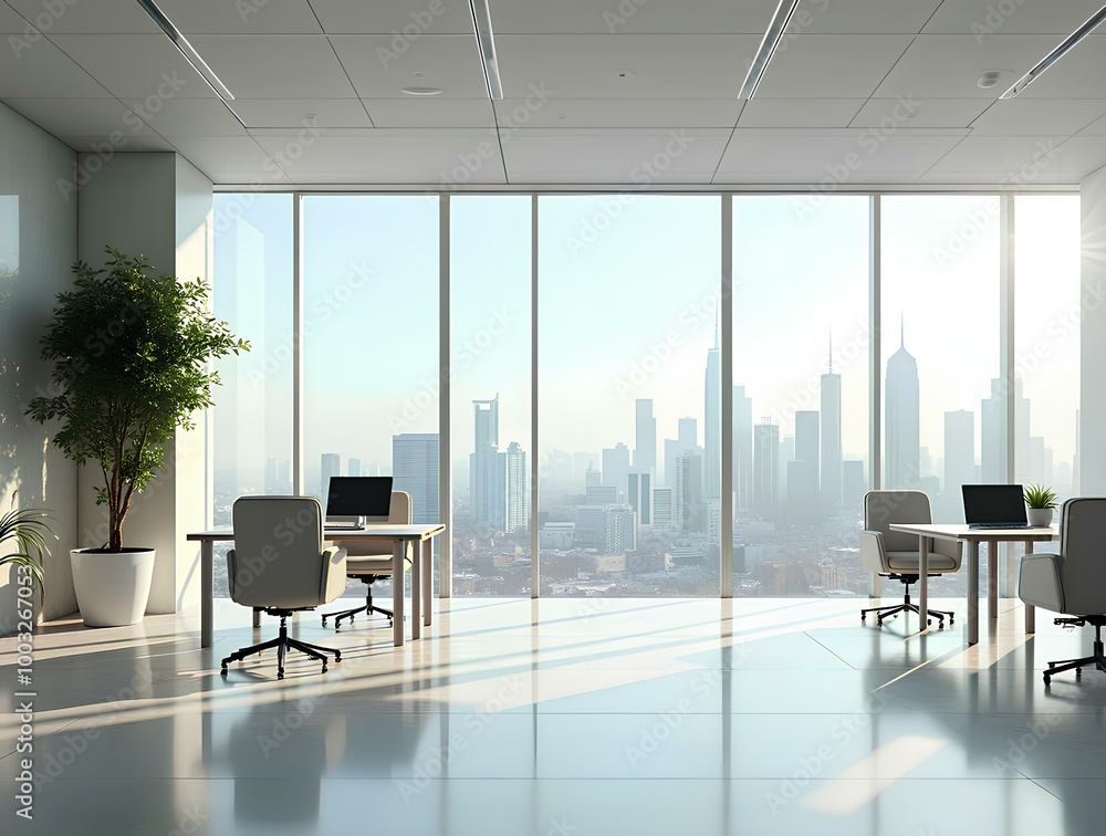 Modern open office space with cityscape view, minimalist interior ...