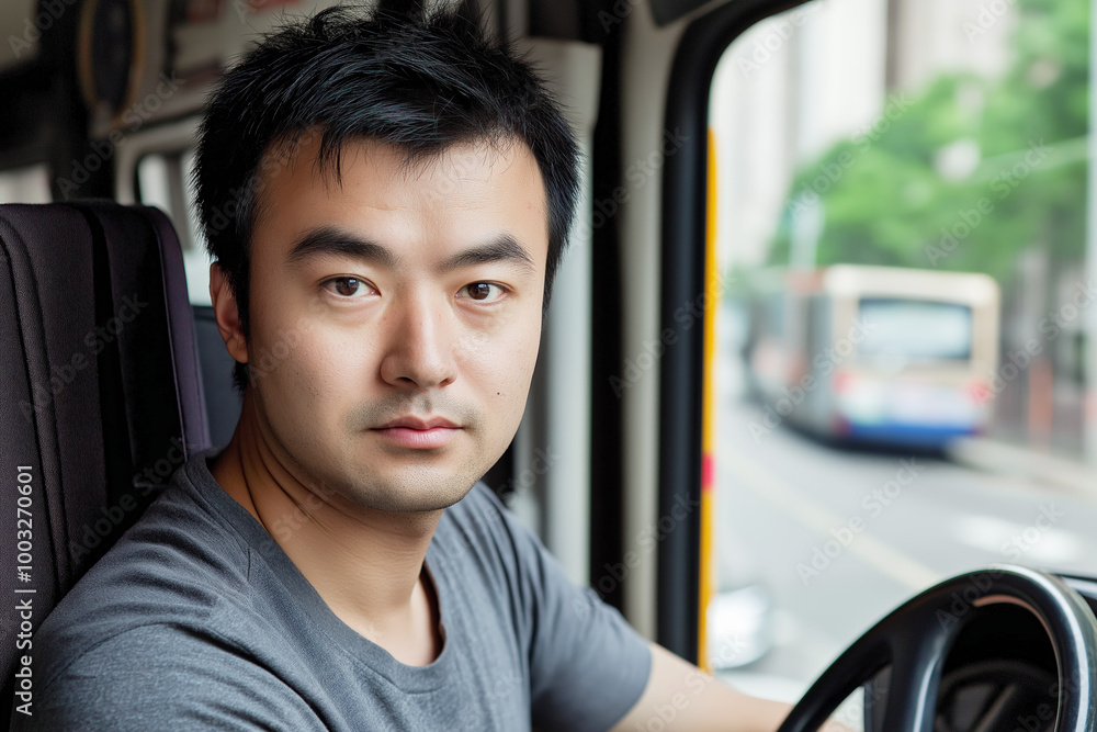 Driver in bus, inside view, young man, focused expression, urban ...