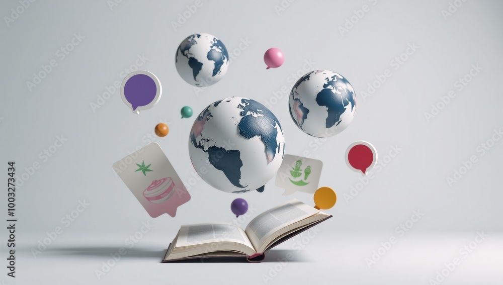 Global Language Learning Communities depicted through floating 3D icons ...