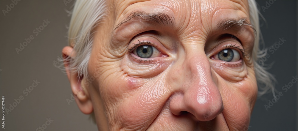 Aged senior skin cells with visible wrinkles and age spots on an aging ...
