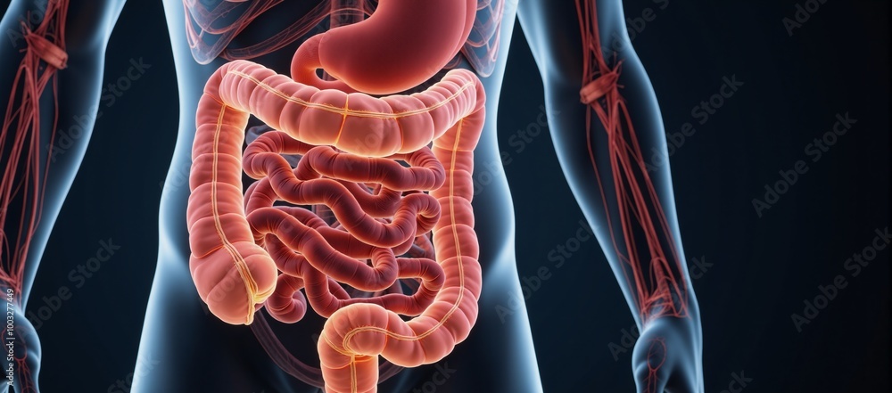 Illustrated depiction of the human digestive system with intricate ...