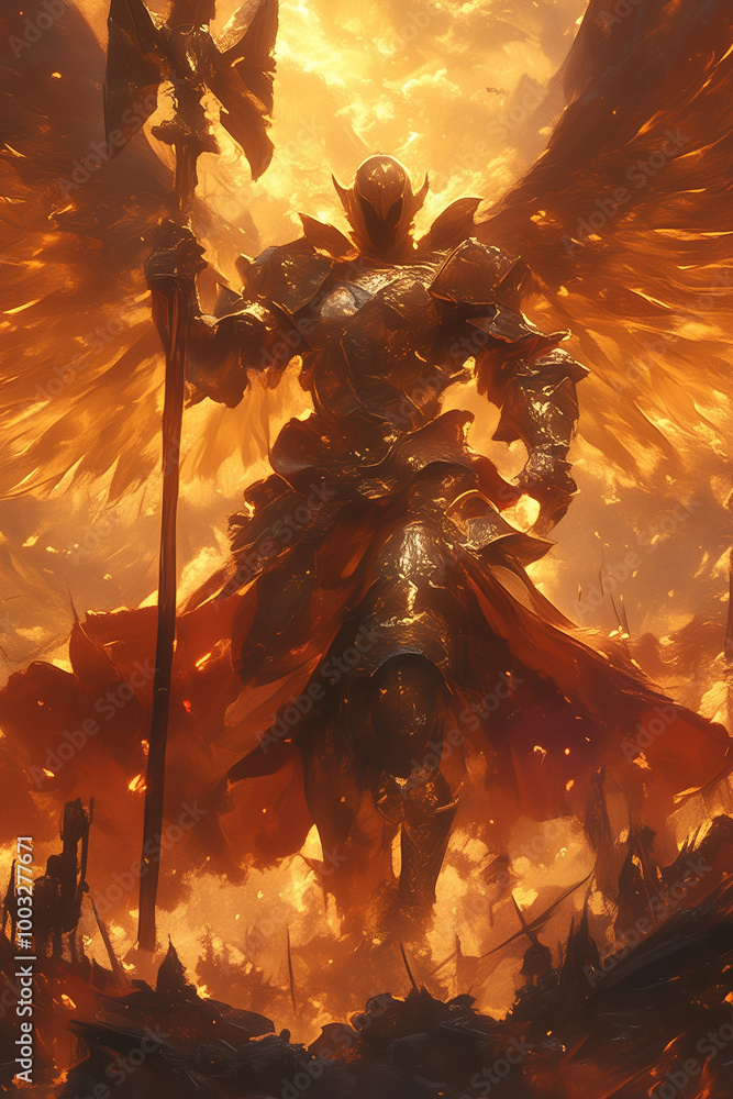 male aasimar warrior in dark golden armor with radiant wings wielding a ...