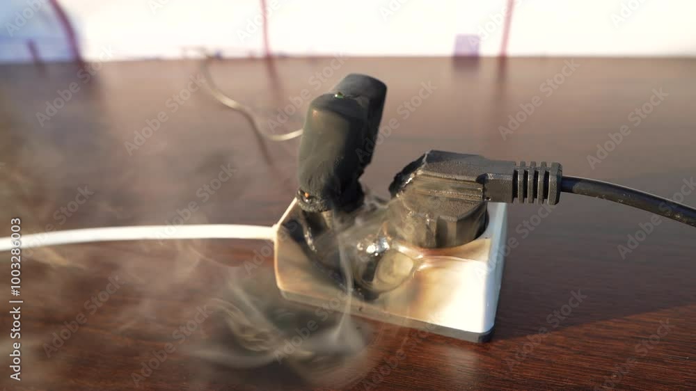 Electrical Short Circuit. Burning socket. Outlets, plug in fire. Short ...