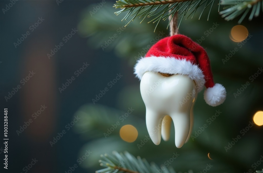 White tooth wearing santa hat hanging on christmas tree 스톡 사진 | Adobe Stock