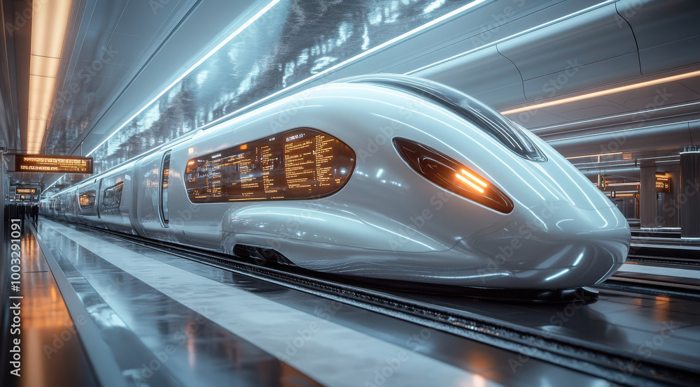 Futuristic train station with sleek electric trains, digital displays ...