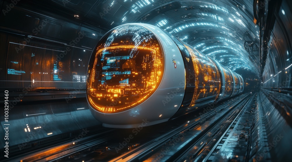 Futuristic high-speed rail cars glide through a tunnel towards an ...