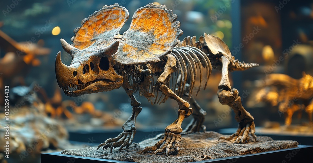 Cartoonish dinosaur skeleton exhibit with signs of decay displayed in a ...