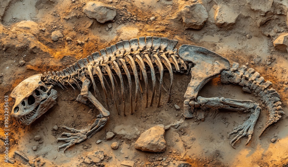 Well-preserved skeleton of an Iguanodon found at a dig site, showcasing ...