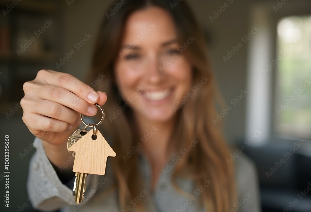 Happy homeowner showing new house keys with little wooden house ...