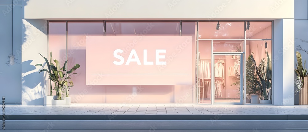 Vibrant storefront showcasing a sale with stylish displays and greenery ...
