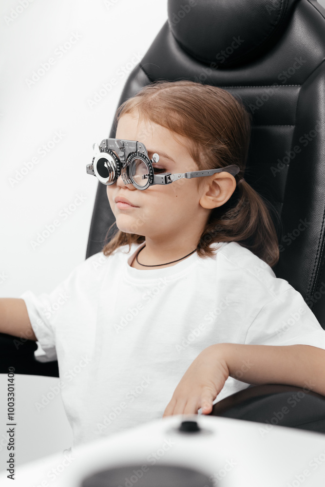 Doctor examining child vision and selecting lenses using a modern ...