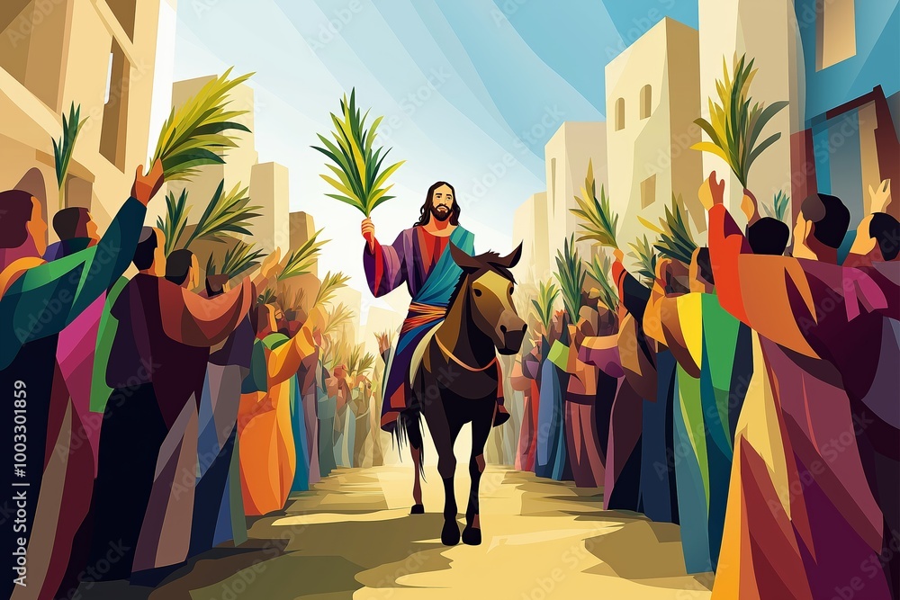 Jesus riding a donkey into Jerusalem, people holding palm branches ...