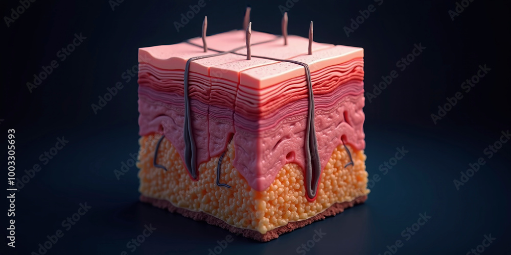 Skin part with a cross section of the human skin with hair follicle and ...